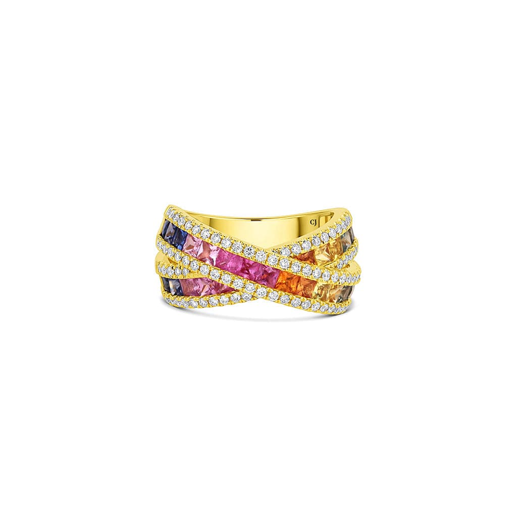 18kt Yellow Gold Rainbow Sapphire Diamond "X" Overlap Ring – CJ Charles Jewelers